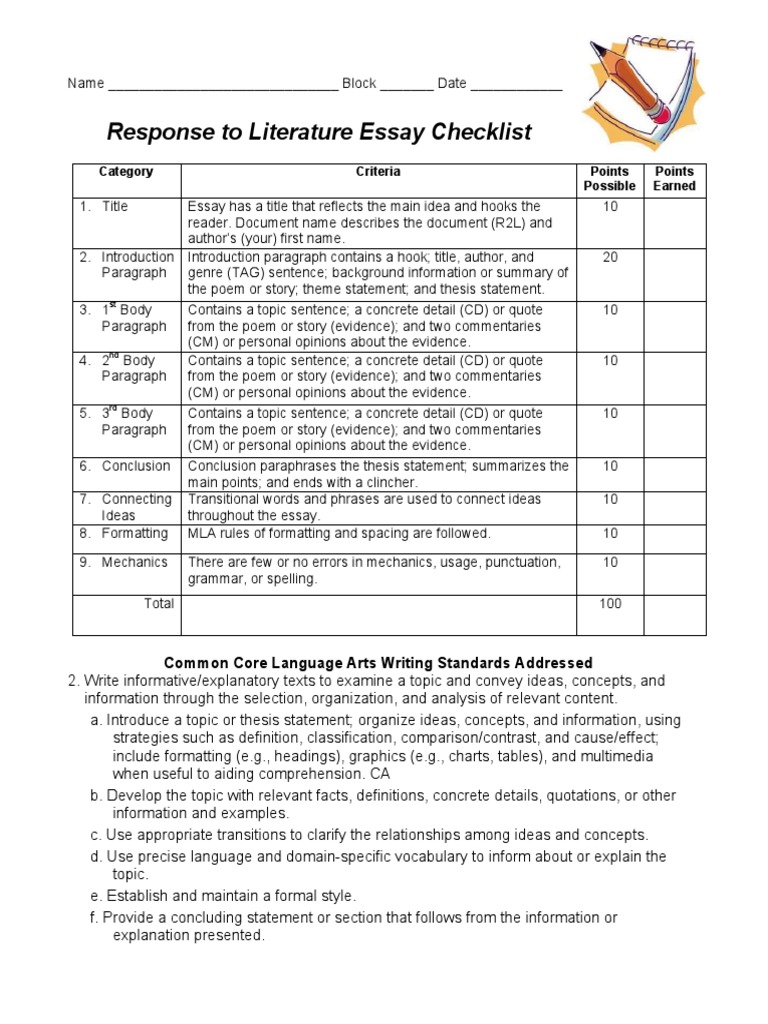 Response To Literature Checklist | PDF | Language Arts & Discipline ...