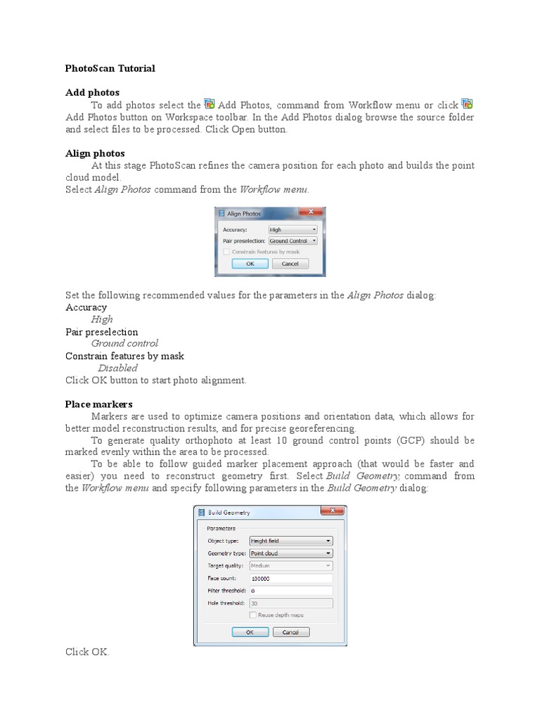 Photoscan Tutorial Add Photos: Accuracy Pair Preselection Constrain Features by Mask | PDF ...