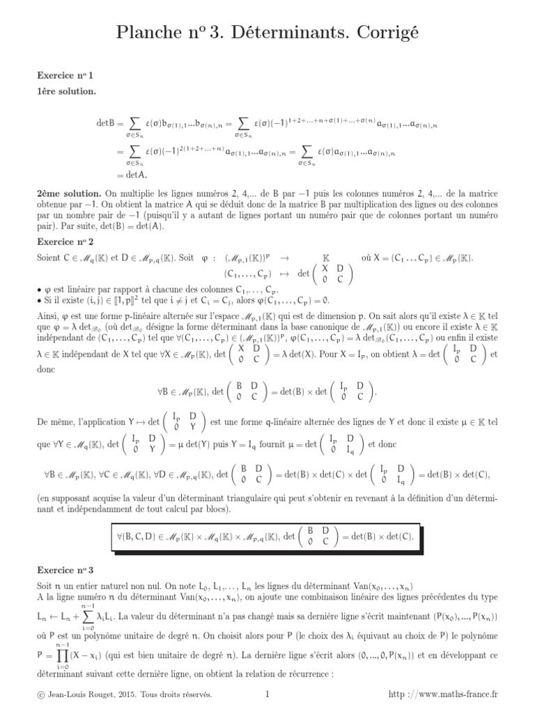 Calculs et Propriétés des Déterminants | PDF | Déterminant | Matrice ...