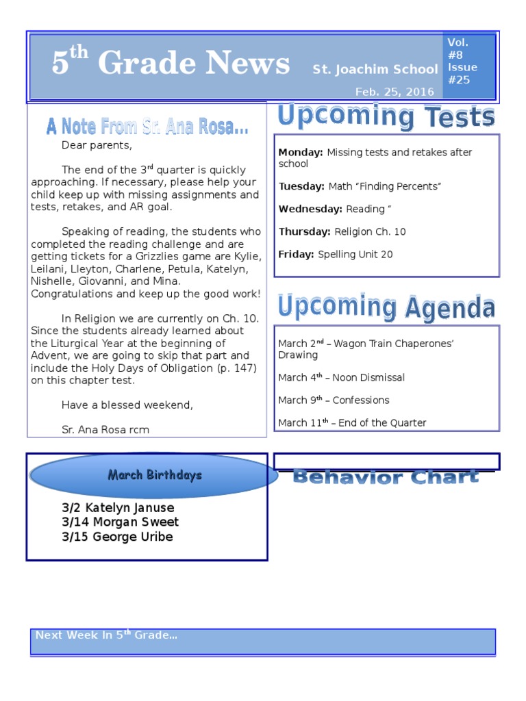 5 Grade News: St. Joachim School | PDF