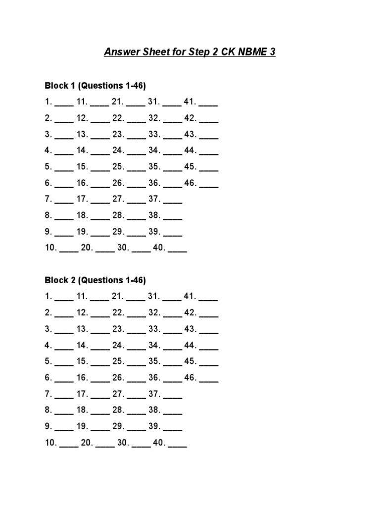 Answer Sheet For Step 2 CK NBME 3 | PDF