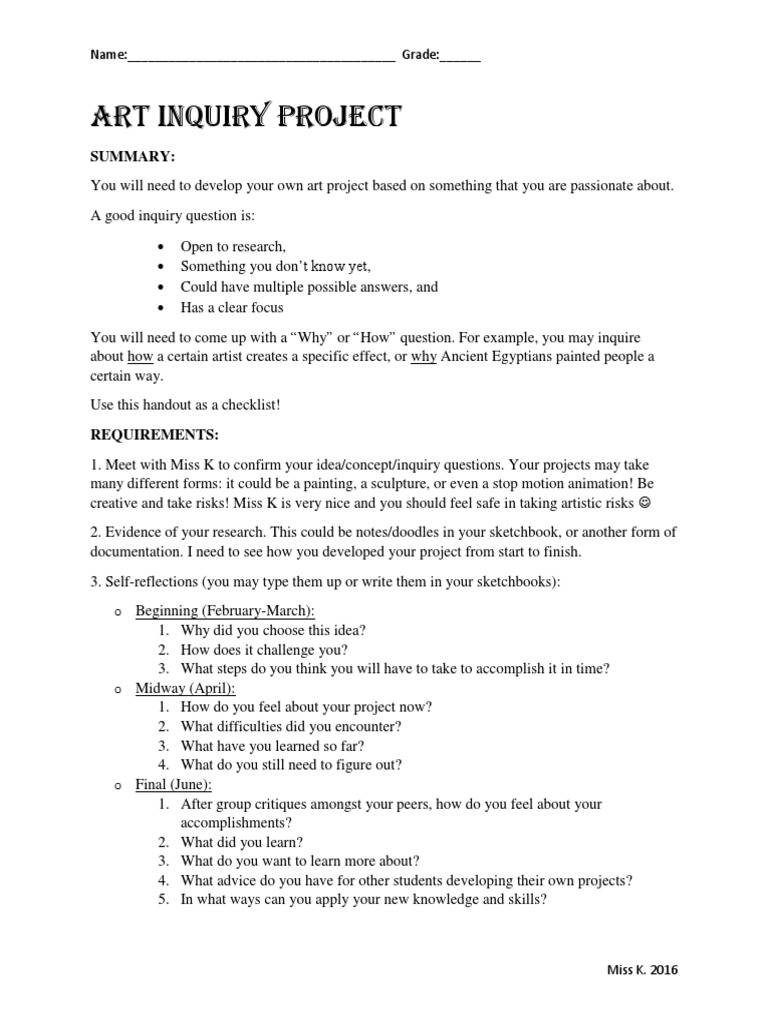 2016 - Art Inquiry Project Handout | PDF | Inquiry | Educational Psychology