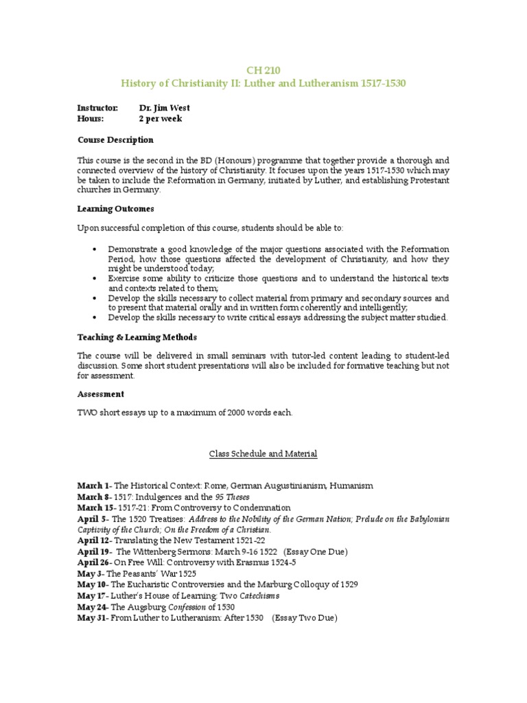 CH210 Course Outline | PDF | Martin Luther | Protestant Reformation