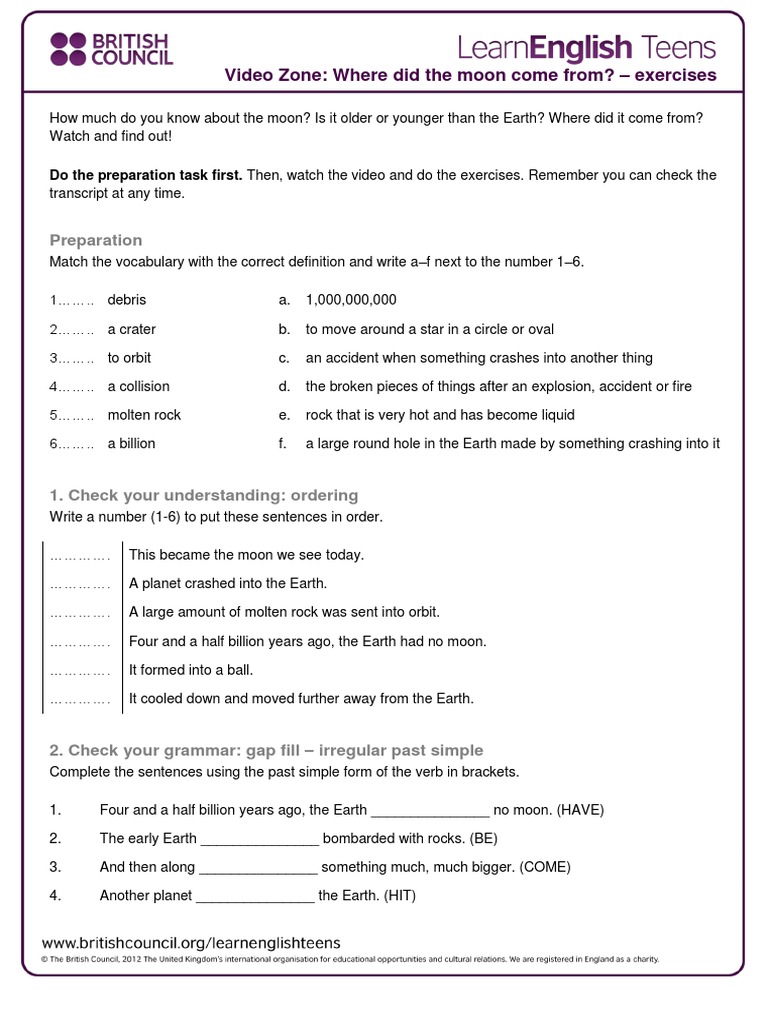 Moon Origins: Vocabulary & Exercises | PDF | Moon | Impact Crater