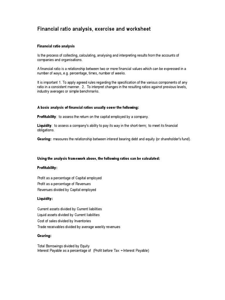 Financial Ratio Analysis, Exercise and Worksheet | PDF | Financial ...