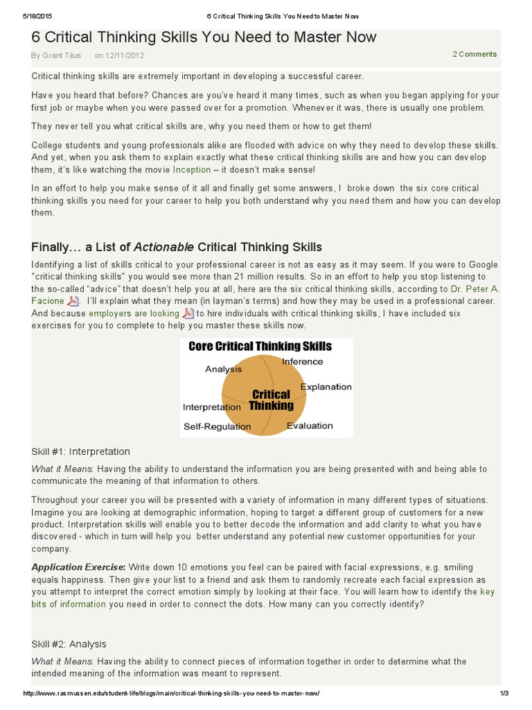 Mastering 6 Core Critical Thinking Skills | PDF | Evaluation | Facial ...