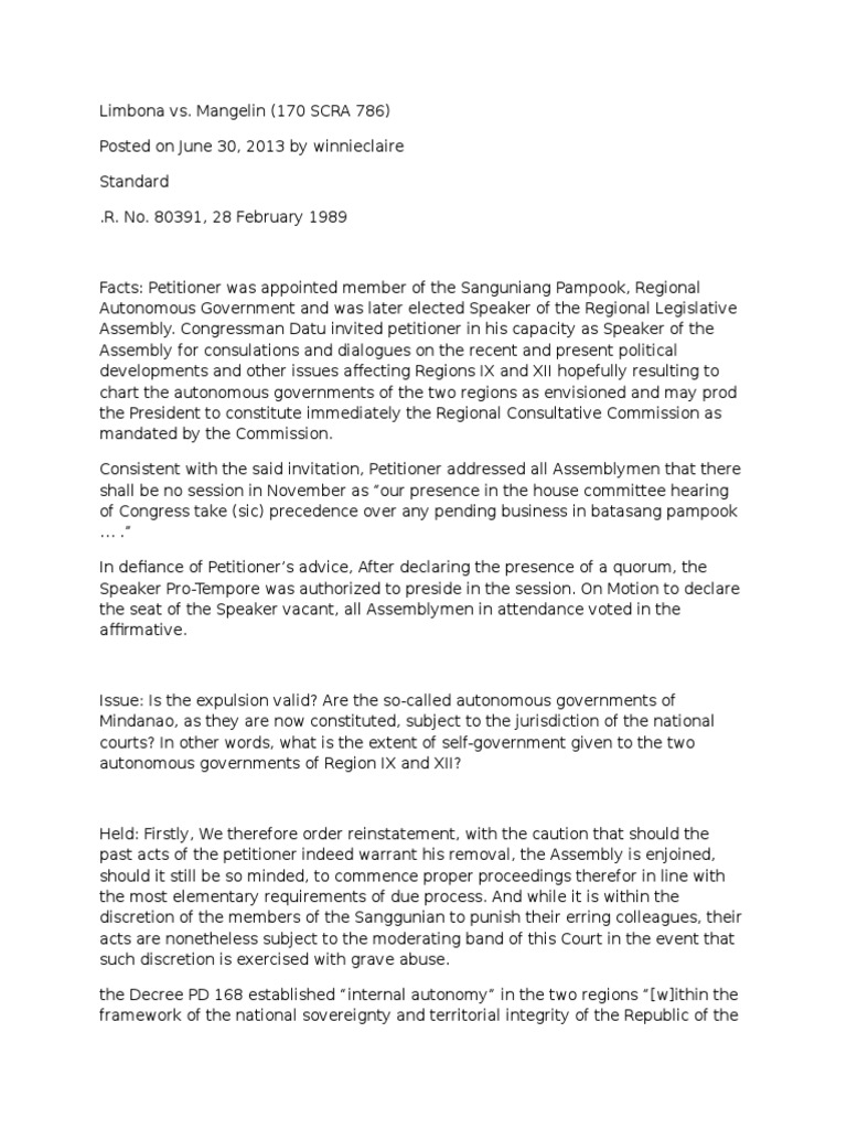 Limbona vs. Mangelin and Other Case Digest in PUBLICOR | PDF | United ...