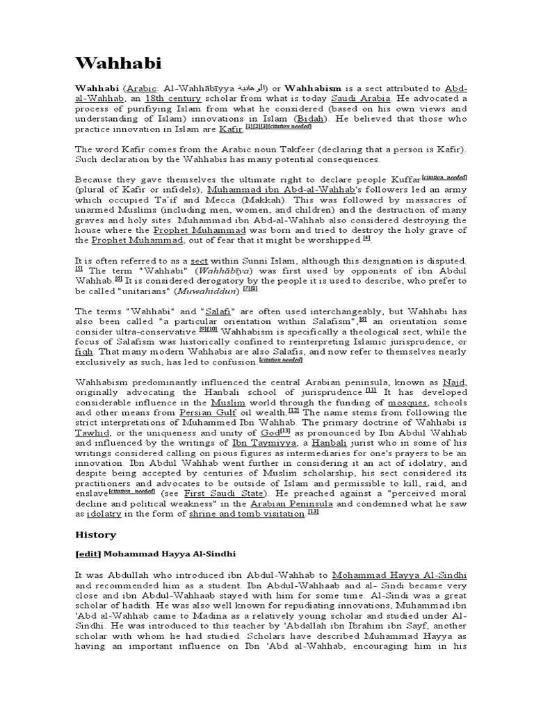 Wahhabi: Wahhabi (Arabic: Al-Wahhābīyya ةيباهولا) or Wahhabism is a ...