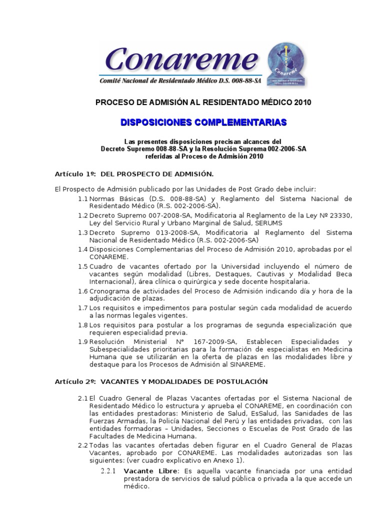 Disposiciones - Complementarias - 2010 Envio A Todo Conareme | PDF | Medicina | Prueba (evaluación)