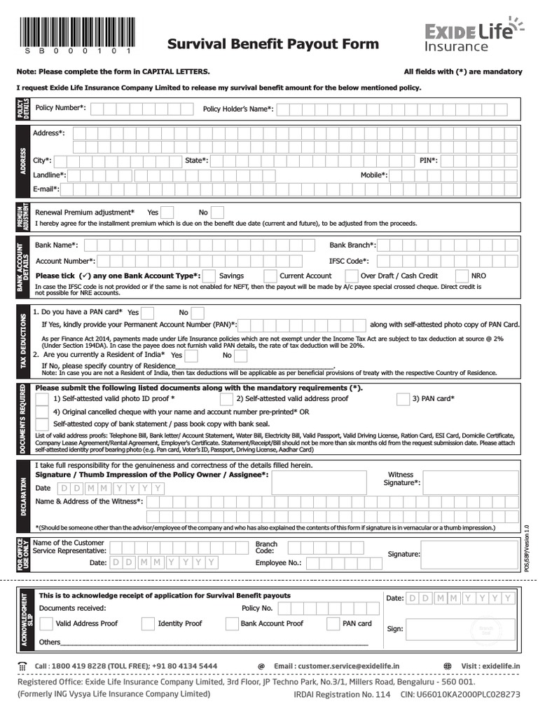 Survival Benefit Payout Form | PDF | Payments | Financial Services
