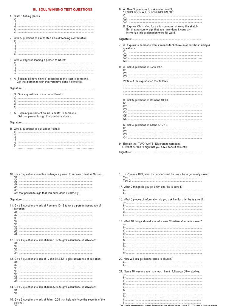 Soul-Winning Test Questions | PDF | Baptists | Christian Church
