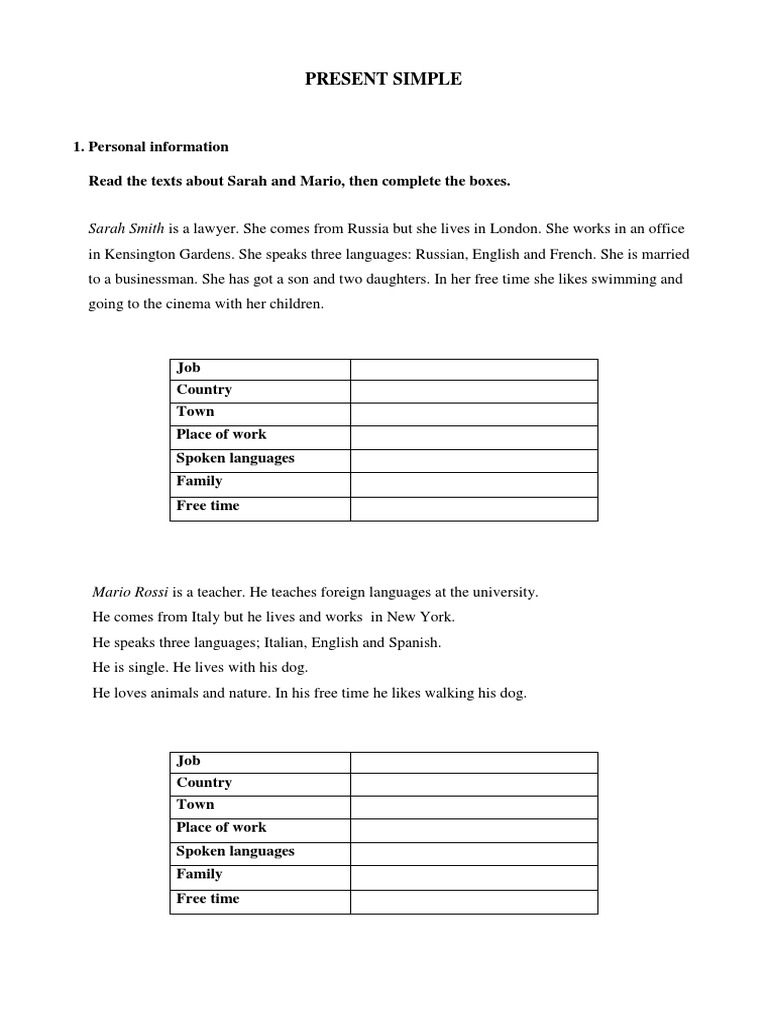 Present Simple: 1. Personal Information | PDF | English Language ...