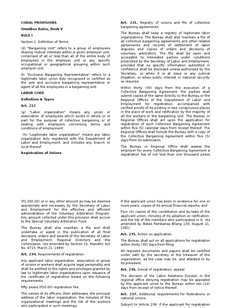 Codal Provisions | PDF | Trade Union | Collective Bargaining