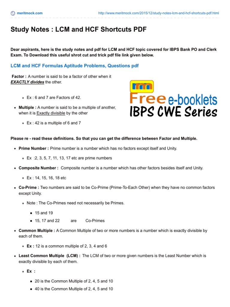 Study Notes LCM and HCF Shortcuts PDF | PDF | Mathematical Concepts ...