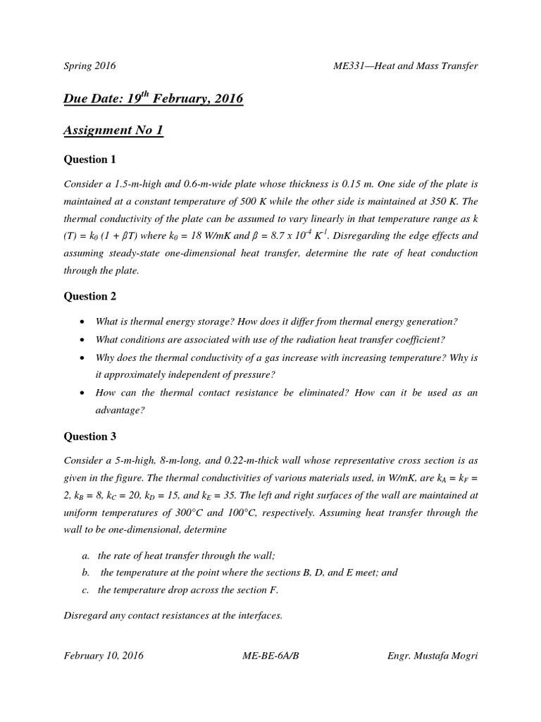 ME331 HMT Assignment 1 Spring 2016 PDF | PDF | Thermal Conductivity | Heat Transfer