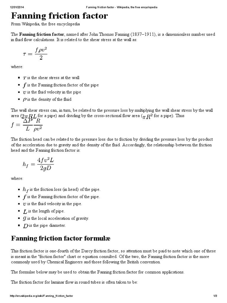 Fanning Friction Factor - Wikipedia, The Free Encyclopedia | PDF ...