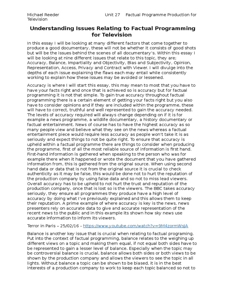 Understanding Issues Relating To Factual Programming For Television ...