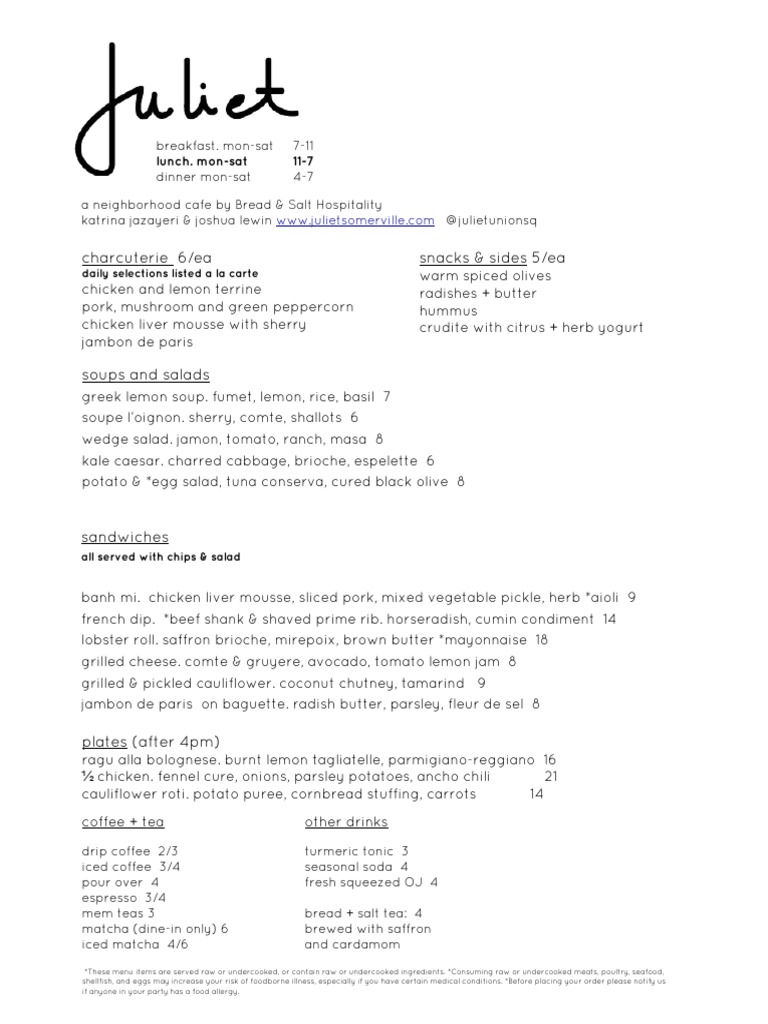 Juliet Opening Lunch Menu | PDF