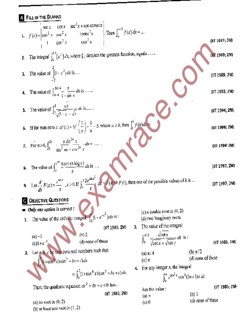 JEE Questions Definite Integration | PDF | Real Analysis | Teaching ...