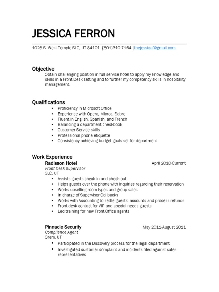 Front Desk Supervisor Resume | PDF