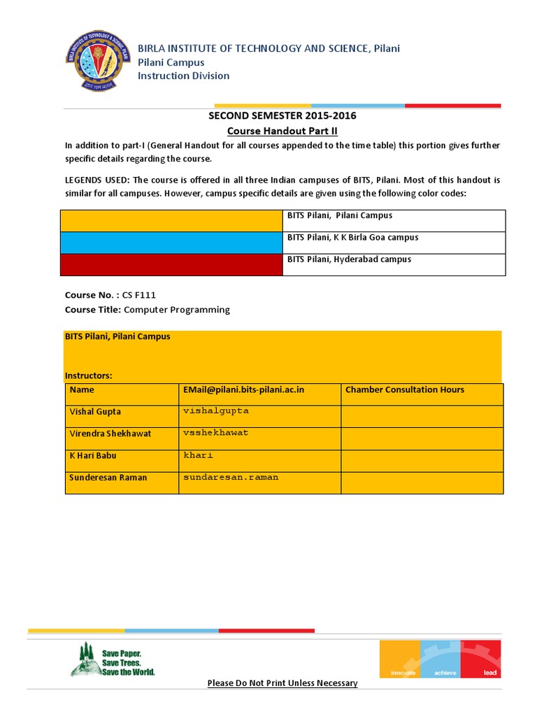 CS F111 Handout Bitspilani | PDF | C (Programming Language) | Data Type