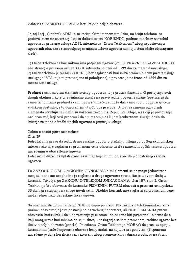 Zahtev Za RASKID UGOVORA Bez Ikakvih Daljih Obaveza | PDF