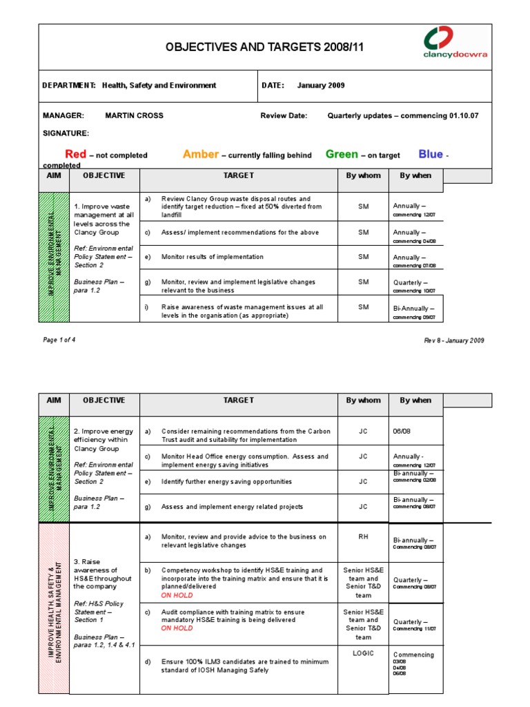 Health And Safety Objectives 2009 Occupational Safety And Health Waste Management