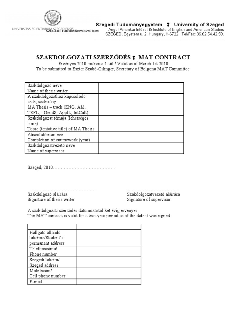 MAT Contract For The Bologna-Type MA Program | PDF