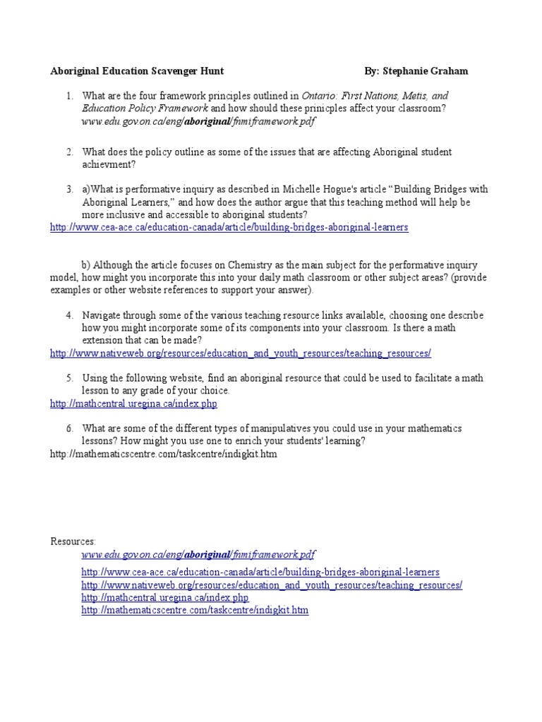 Aboriginal Education Scavenger Hunt | PDF | Teaching Method | First Nations