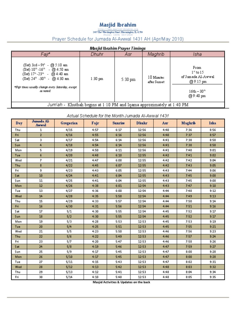 Jumada Al-Awwal 1431 AH Prayer Schedule | PDF | Muhammad | Quran