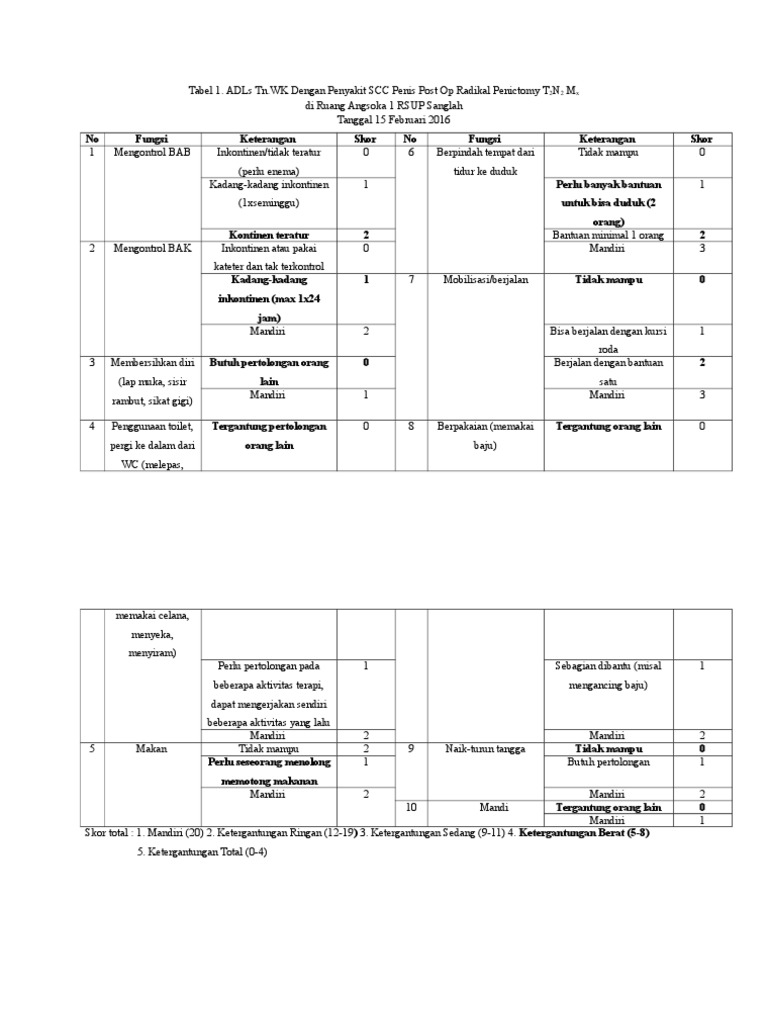 Tabel ADL Angsoka 1 | PDF