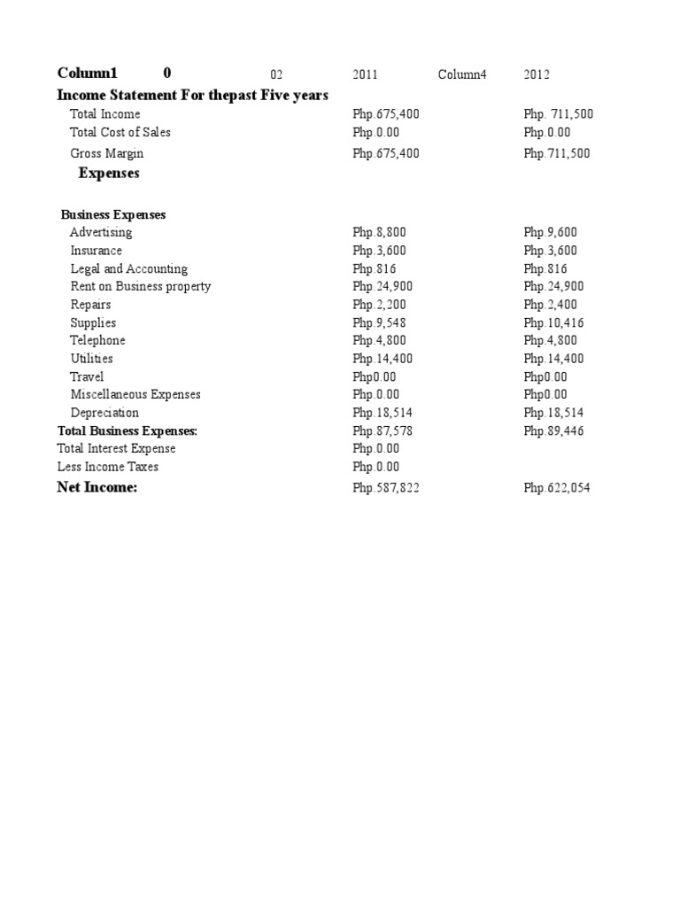 Column1 0 Income Statement For Thepast Five Years: Business Expenses | PDF