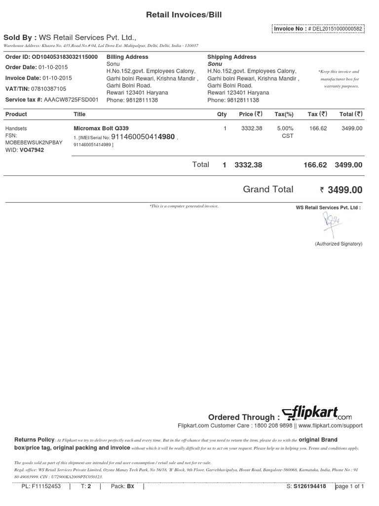 Flipkart Mobile Invoice - Micromax Q339 | PDF