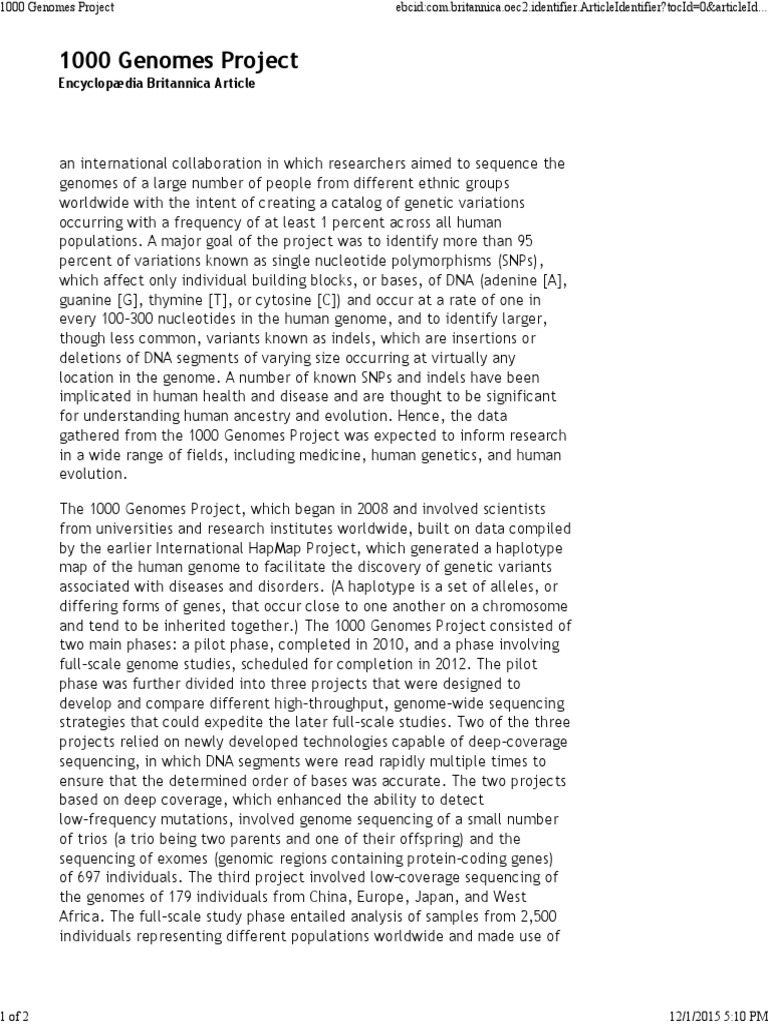 1000 Genomes Project: Encyclopædia Britannica Article | PDF | Whole ...