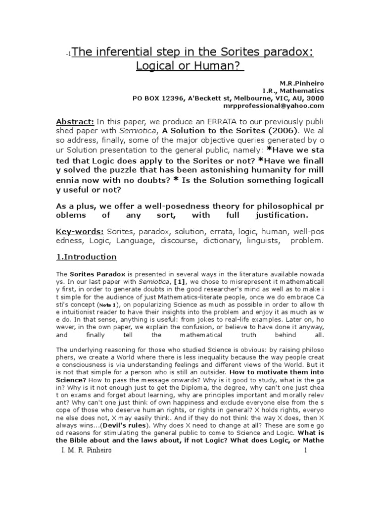 The Inferential Step in The Sorites Paradox: Logical or Human? | PDF ...