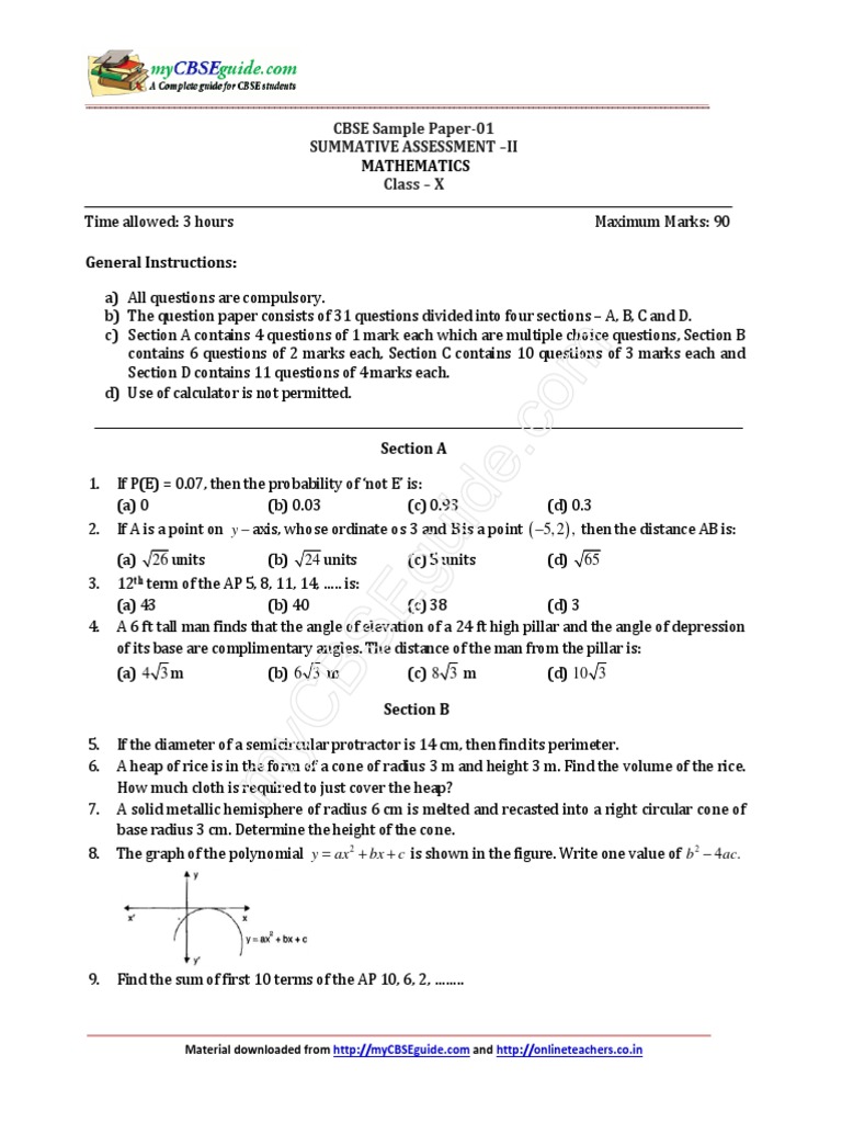 Mathematics: CBSE Sample Paper-01 Summative Assessment - Ii Class - X ...