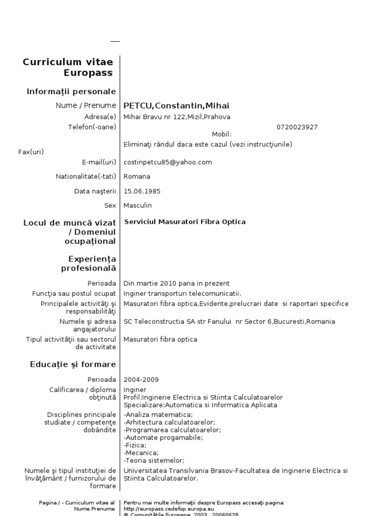 Model Cv Curriculum Vitae European Romana