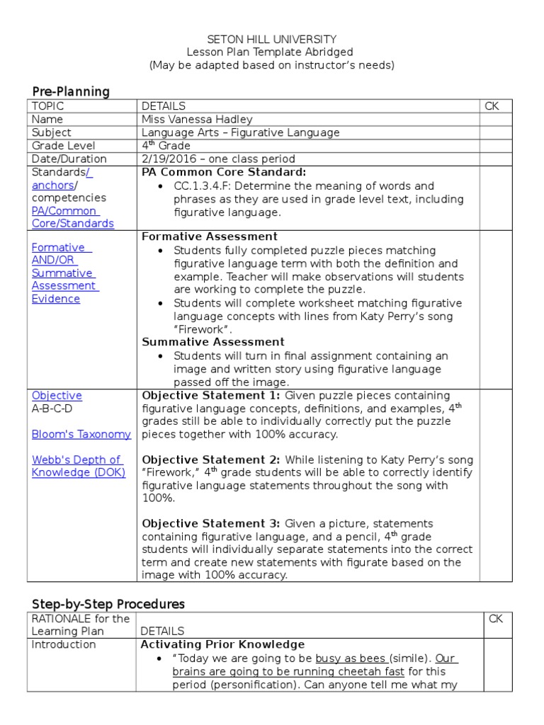 Figurative Language Mini Lesson 4th Grade