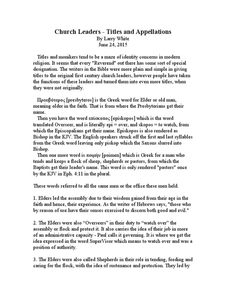 Church Leaders: Titles and Appellations | Elder (Christianity) | The ...