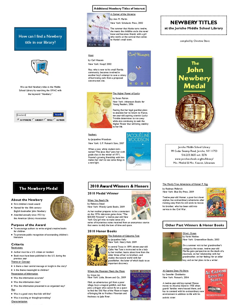 Newbery Award Brochure | American Children's Literature | Newbery Medal