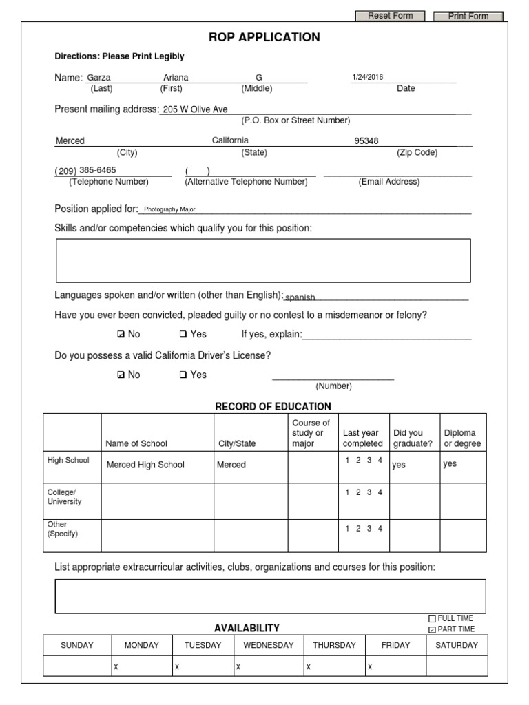 ROP Application Form Template | PDF