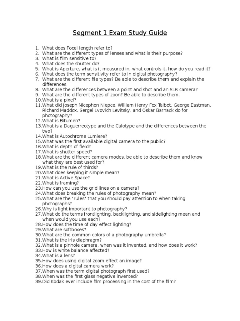 Segment 1 Exam Study Guide CP High School | PDF | Camera | Photography ...