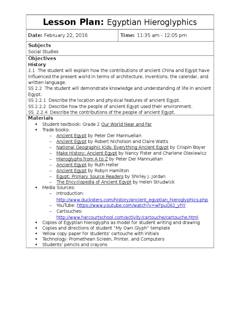 Egyptian Hieroglyphics Lesson Plan | PDF | Egyptian Hieroglyphs ...