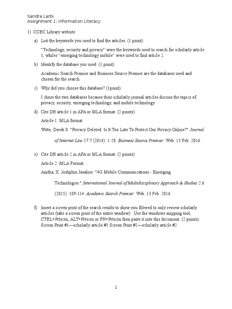 Sandra Larbi Assignment 1: Information Literacy | PDF | Academic ...