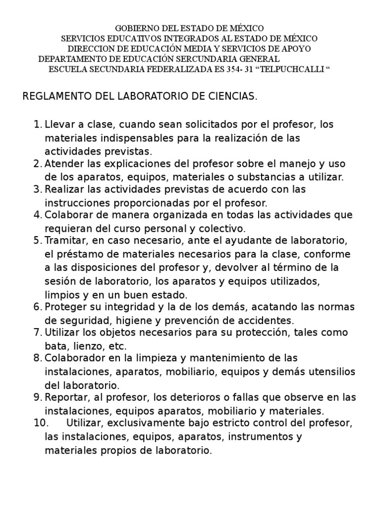 Reglamento Laboratorio de Ciencias | PDF