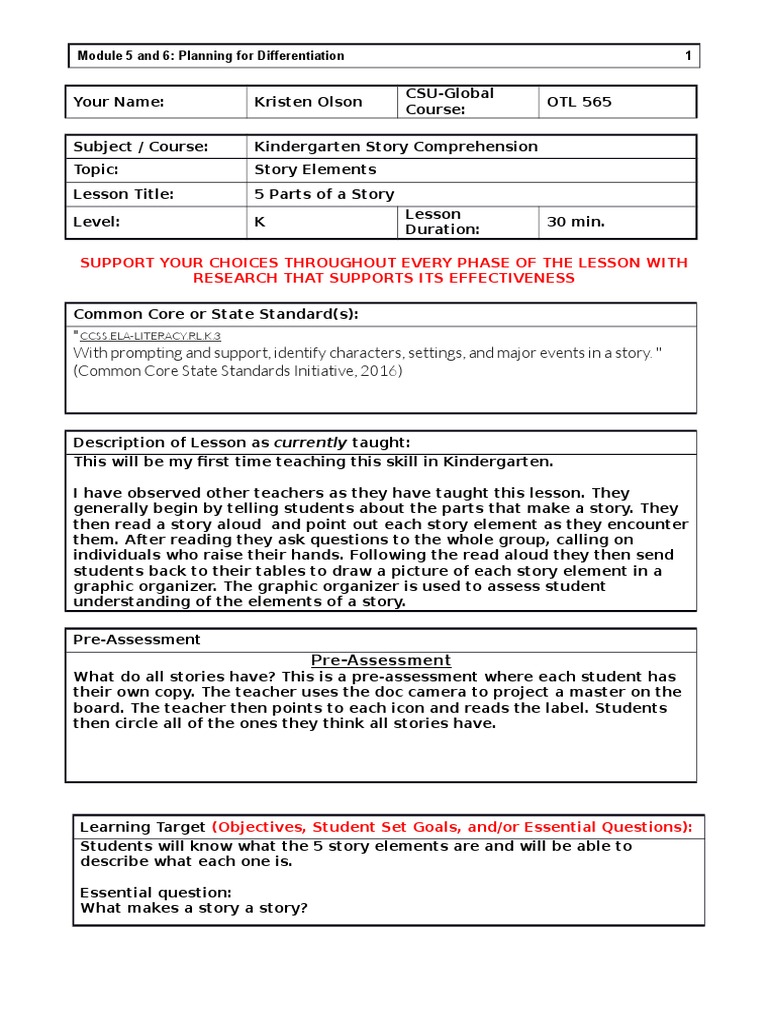 Kindergarten Story Elements Lesson Plan | PDF | Reading Comprehension ...