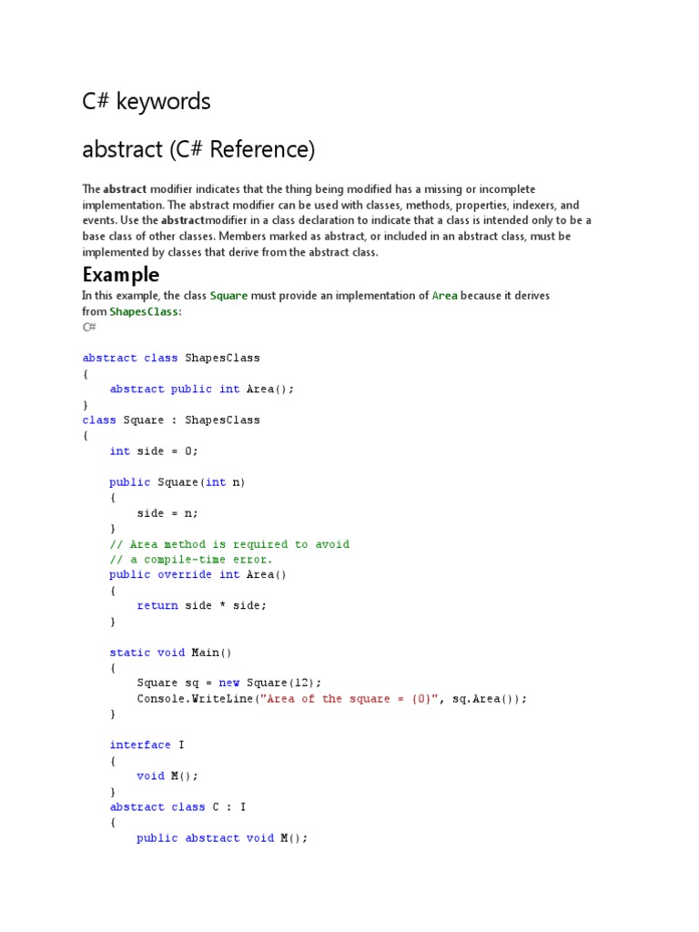 C# Keywords and Definitions With Examples | PDF | Class (Computer ...
