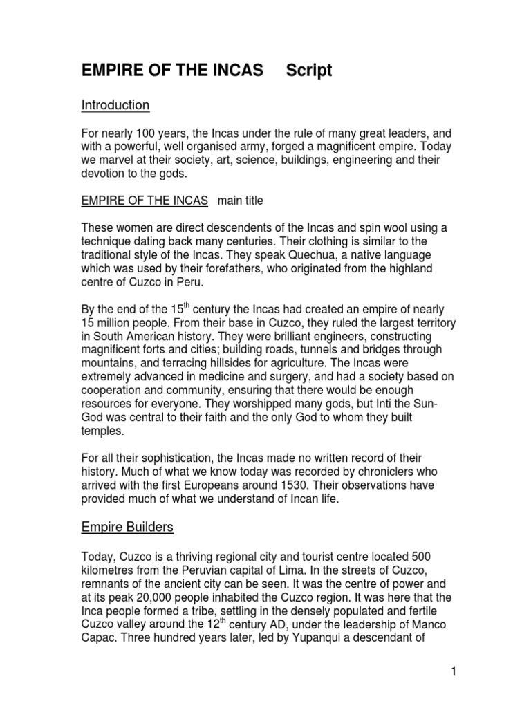 Empire of the Incas Script | Inca Empire | Machu Picchu