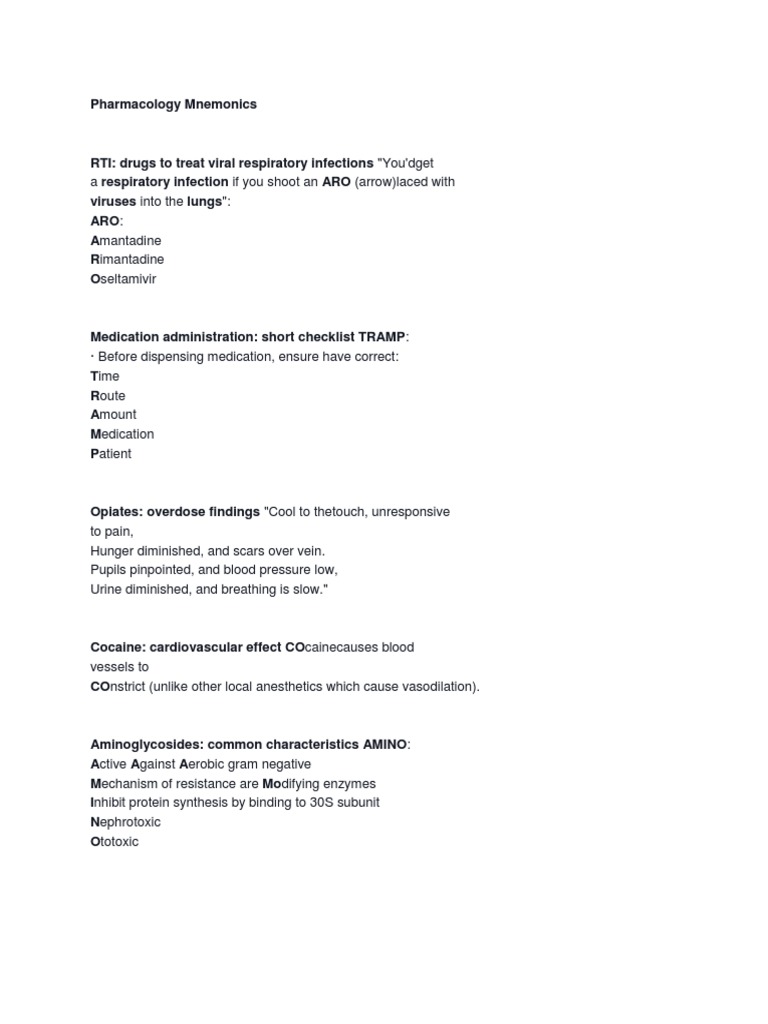 Pharmacology Mnemonics PDF | PDF | Analgesic | Rtt