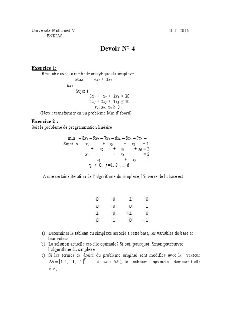 Exercices de Programmation Linéaire et Simplexe | PDF | Optimisation linéaire | Optimisation ...